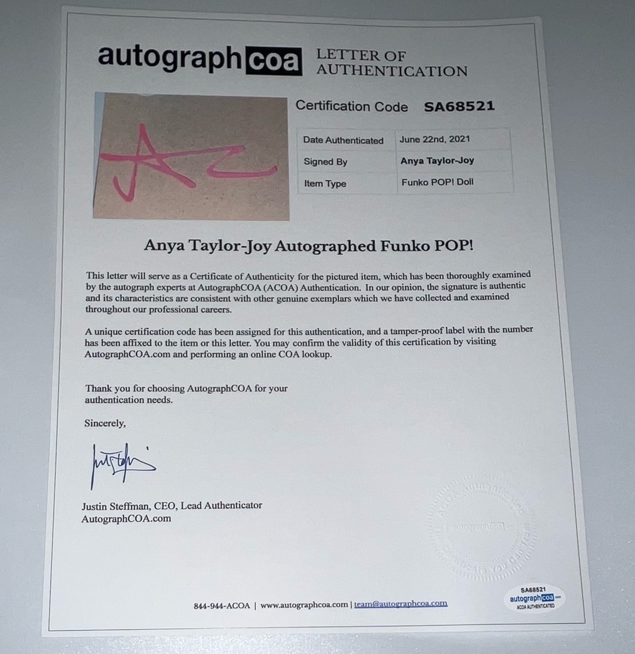 Anya Taylor-Joy Signed "The Queen's Gambit" #1122 Beth Harmon Funko Pop ...