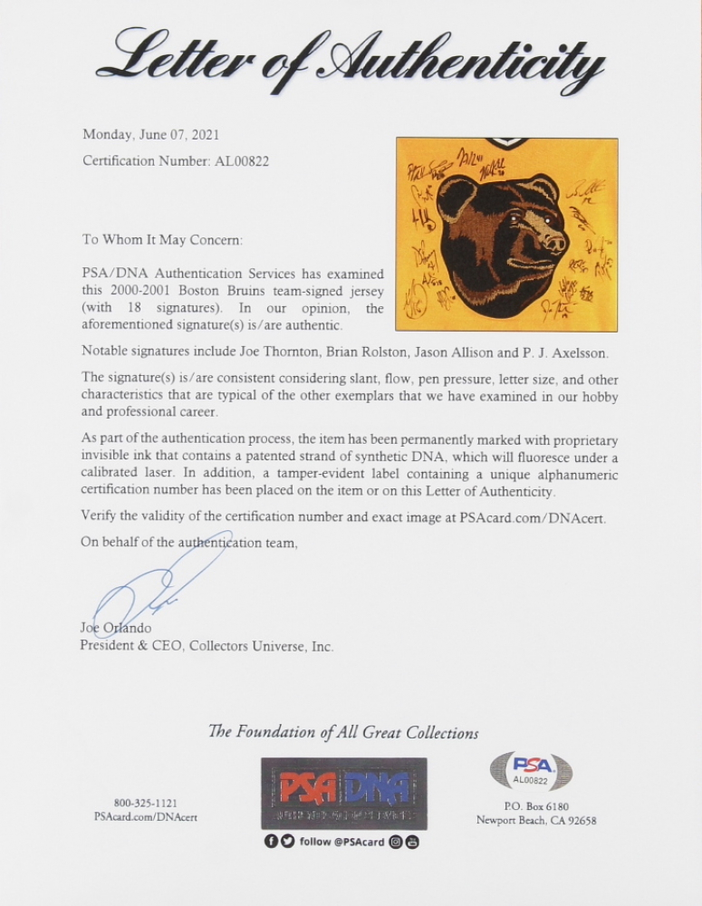 2000-01 Bruins Jersey Team-Signed by (18) with Joe Thornton, Brian ...