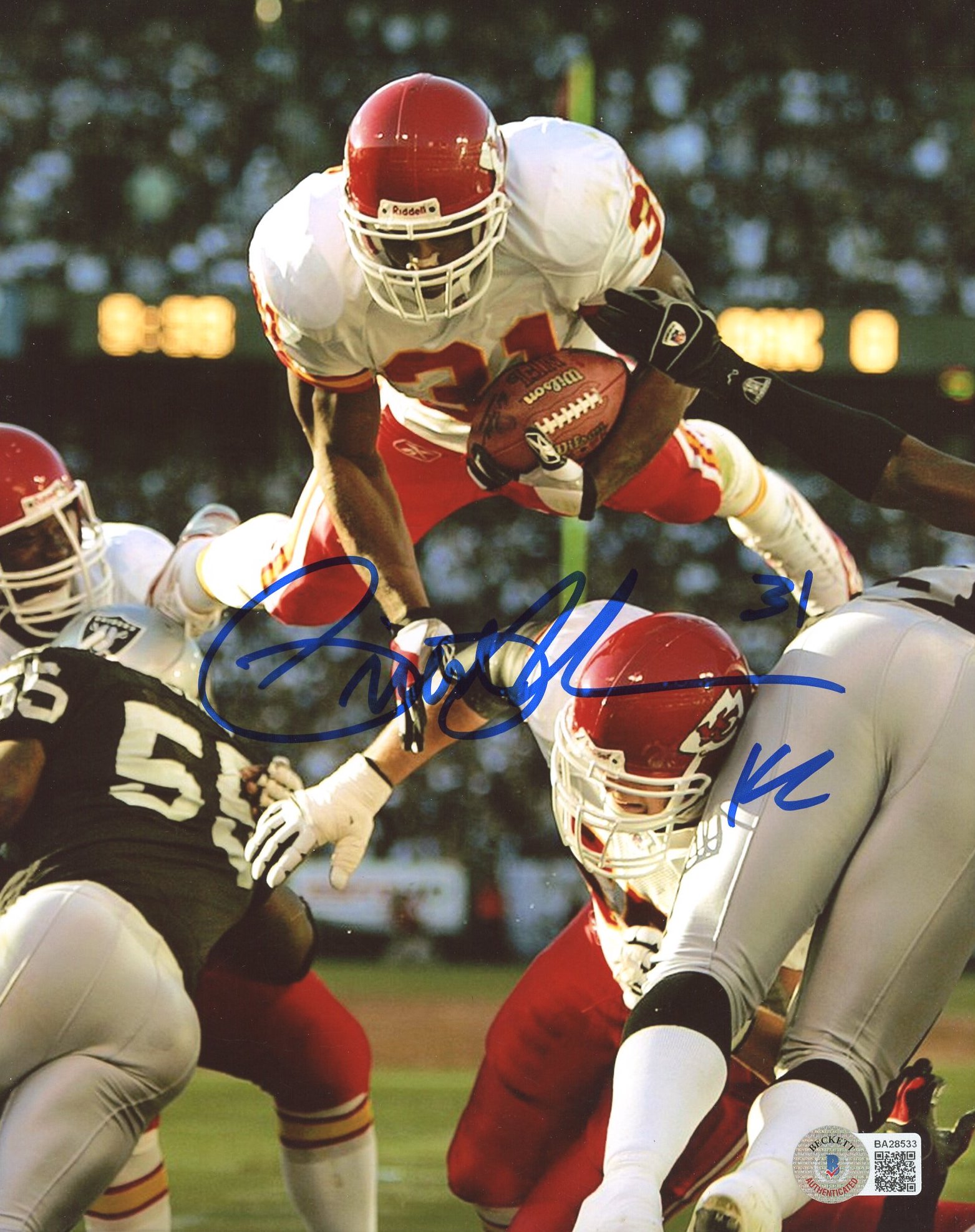 Priest Holmes Signed Chiefs 8x10 Photo Inscribed "KC" (Beckett COA ...