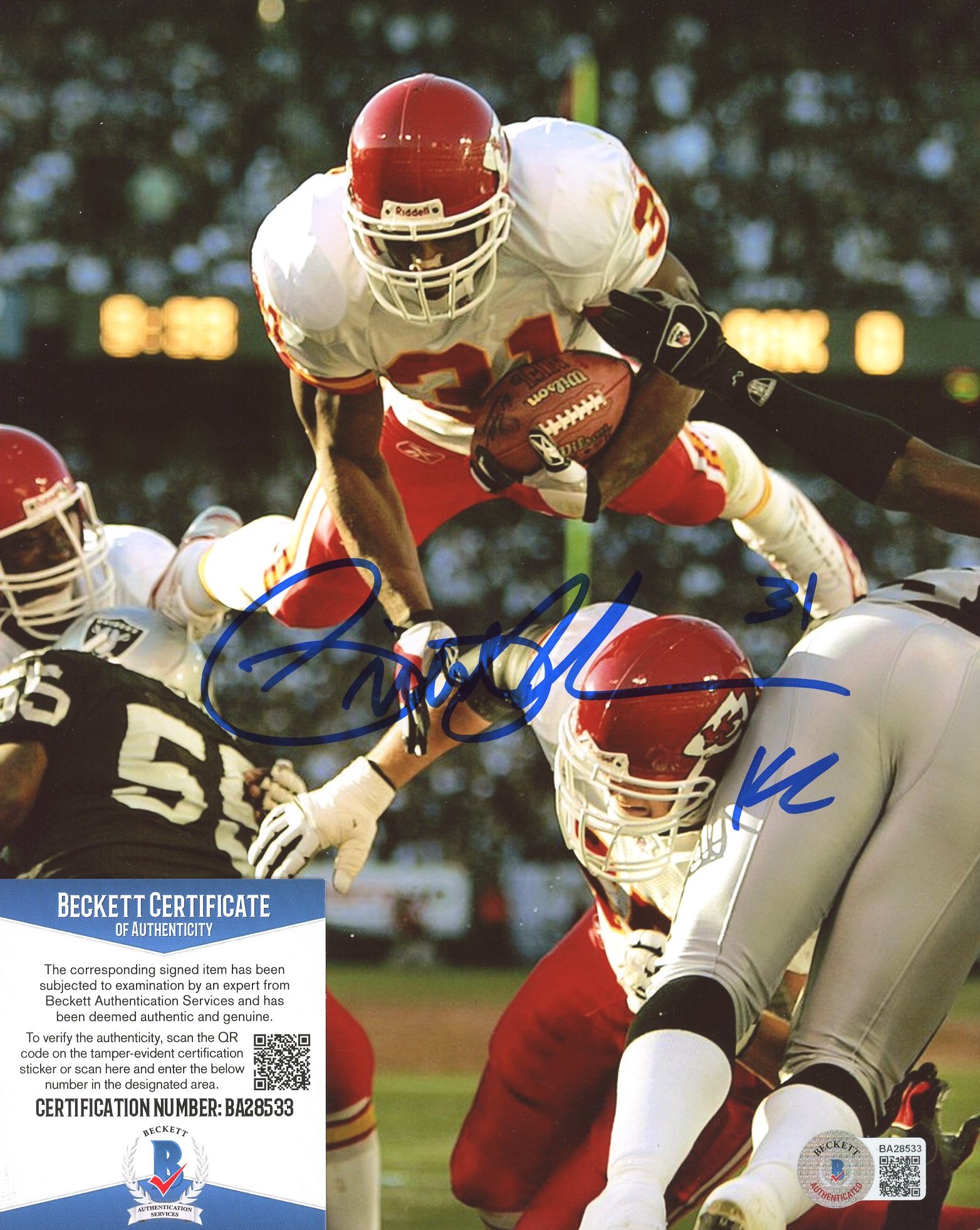 Priest Holmes Signed Chiefs 8x10 Photo Inscribed "KC" (Beckett COA ...