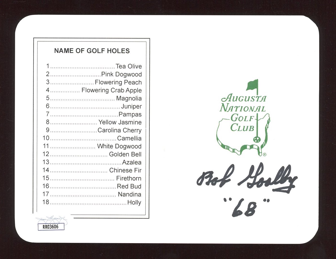 Bob Goalby Signed Augusta National Golf Club Scorecard Inscribed "'68 ...