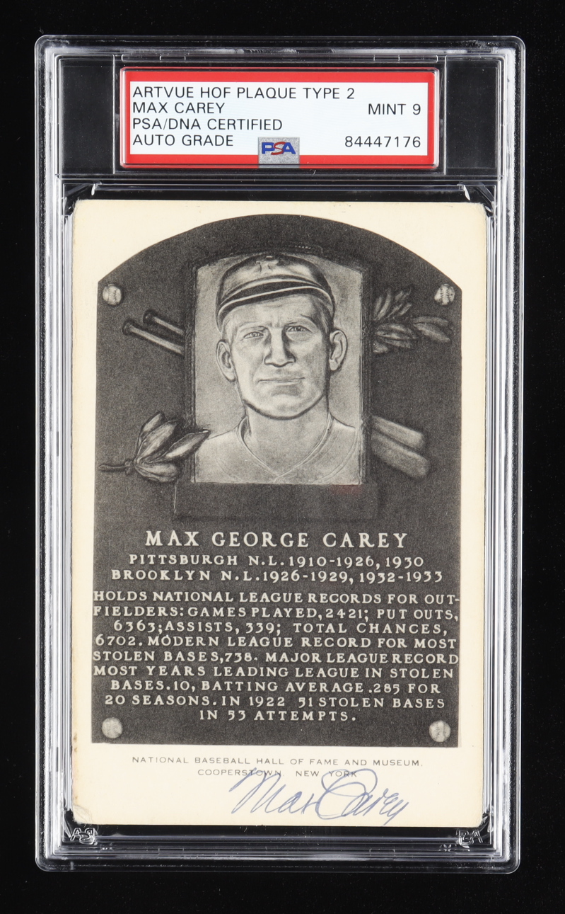Max Carey Signed Artvue Hall of Fame Plaque Postcard Inscribed "Best of ...