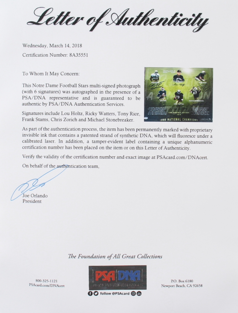 1988 Notre Dame Fighting Irish LE 16x20 Photo Team-Signed by (6) with ...