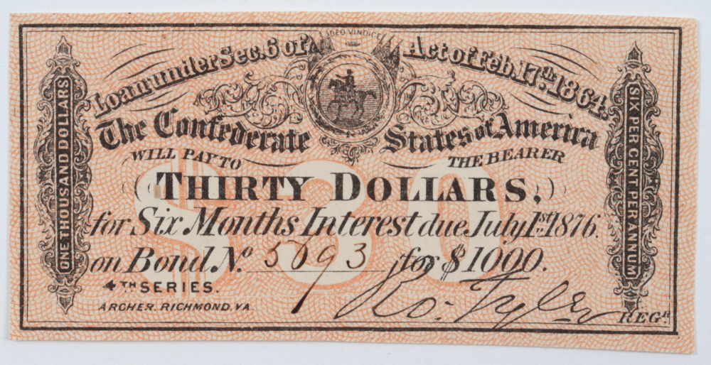 1864 $30 Thirty Dollars Confederate States of America Richmond CSA Bank ...