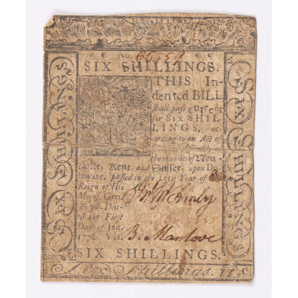 1776 Six Shillings Delaware Colonial Currency Note | Pristine Auction