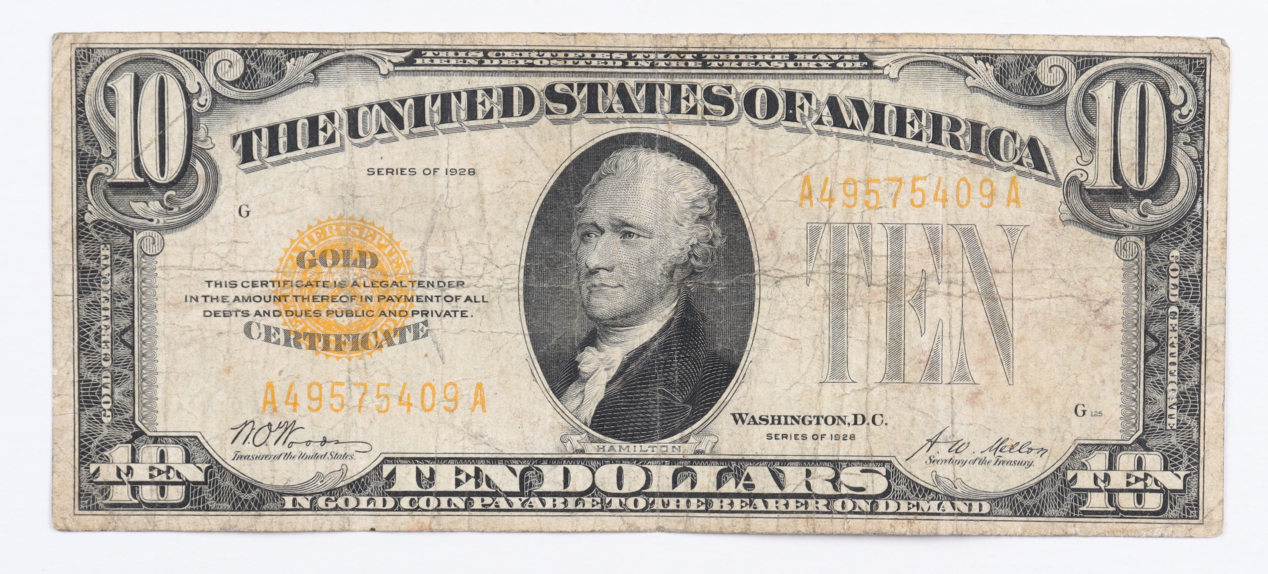 1928 $10 Ten Dollar Gold Certificate U.S. Bank Note | Pristine Auction