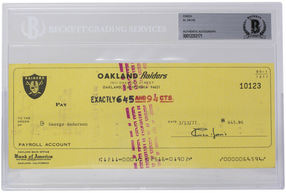 Al Davis Signed 1977 Personal Bank Check (BGS) | Pristine Auction
