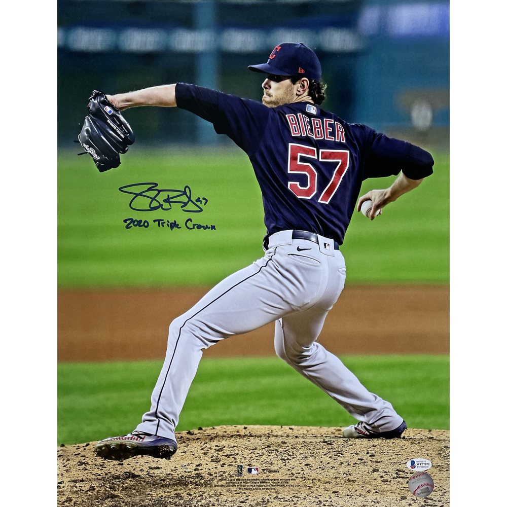 Shane Bieber Signed Indians 16x20 Photo Inscribed "2020 Triple Crown ...