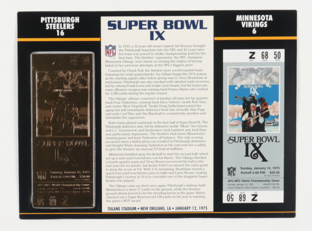 Super Bowl IX Commemorative Scorecard with 22kt Gold Ticket | Pristine ...