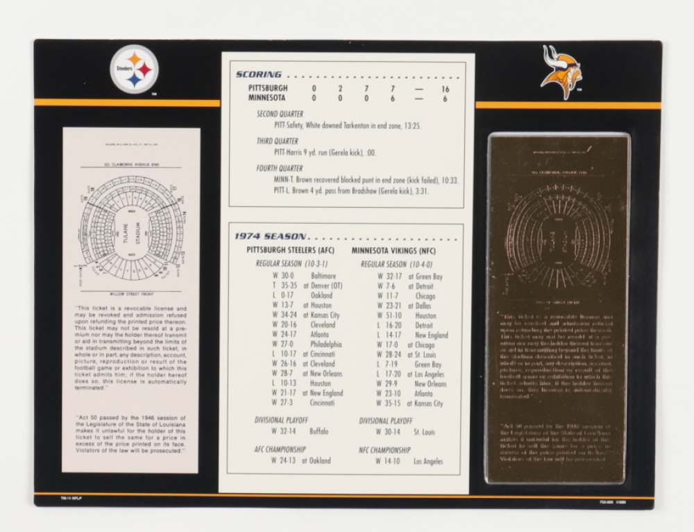 Super Bowl IX Commemorative Scorecard with 22kt Gold Ticket | Pristine ...