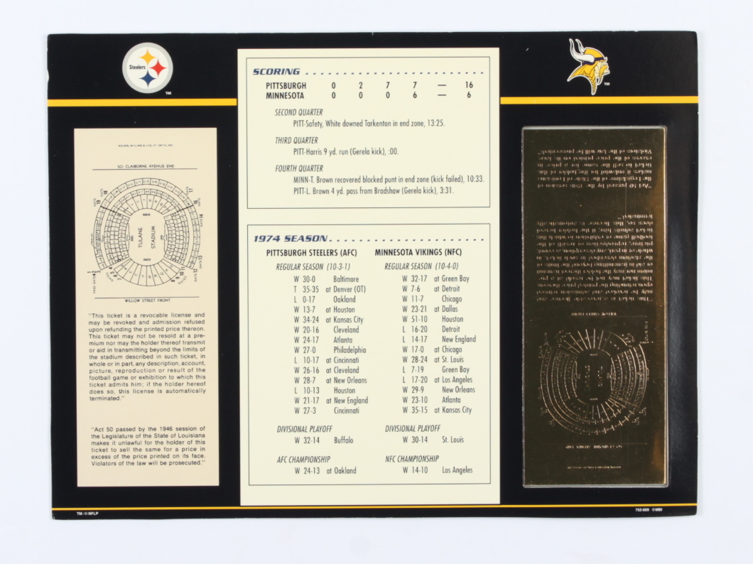 1975 Commemorative Super Bowl IX Card with Ticket: Steelers vs Vikings ...