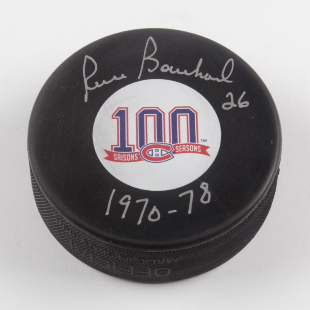 Pierre Bouchard Signed Canadiens 100th Anniversary Logo Hockey Puck ...