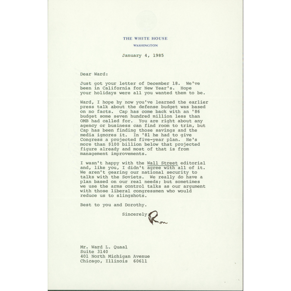 Ronald Reagan Signed 1985 7x10 Letter (Beckett) | Pristine Auction