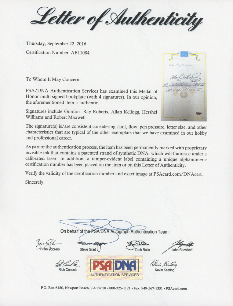 "Medal of Honor Recipients" LE 6x8.5 Bookplate Signed by (4) with ...