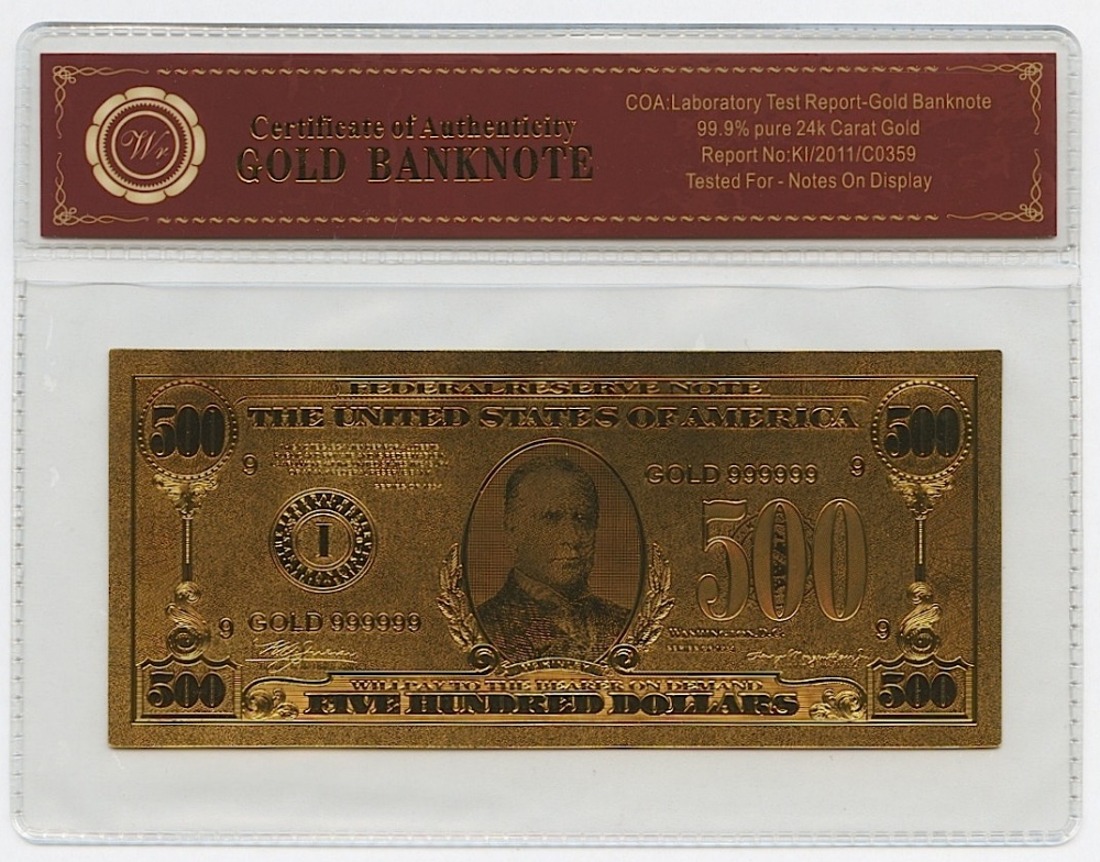 24K Gold Limited Edition US $500 Banknote Bill | Pristine Auction