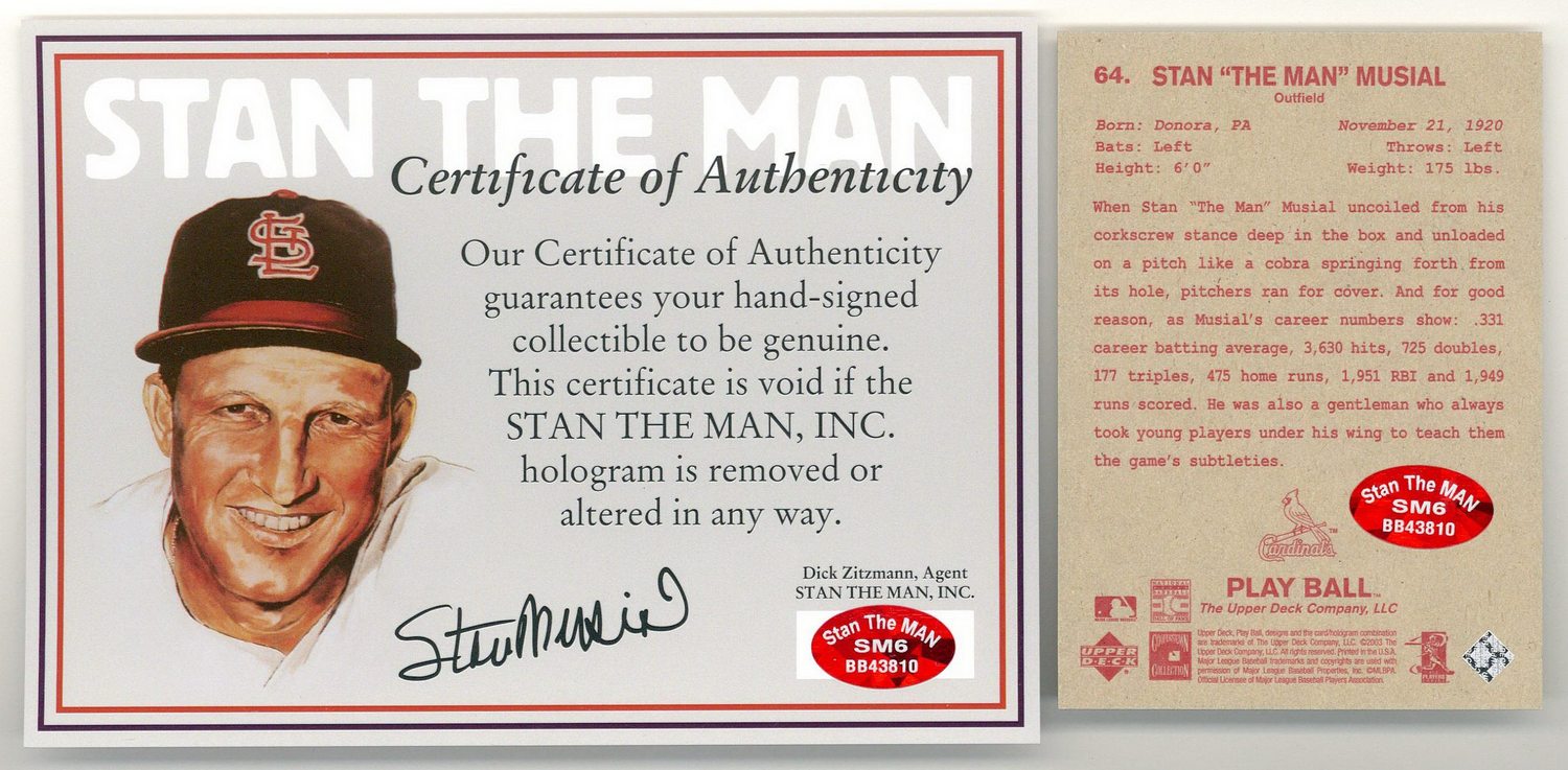 Stan Musial Signed Cardinals 2003 Upper Deck Play Ball #64 (Musial COA ...