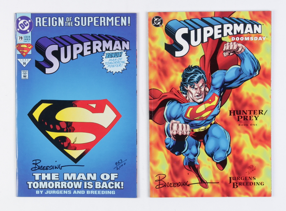 Lot of (2) LE "Superman" DC Comic Books Signed By Brett Breeding 1993 ...