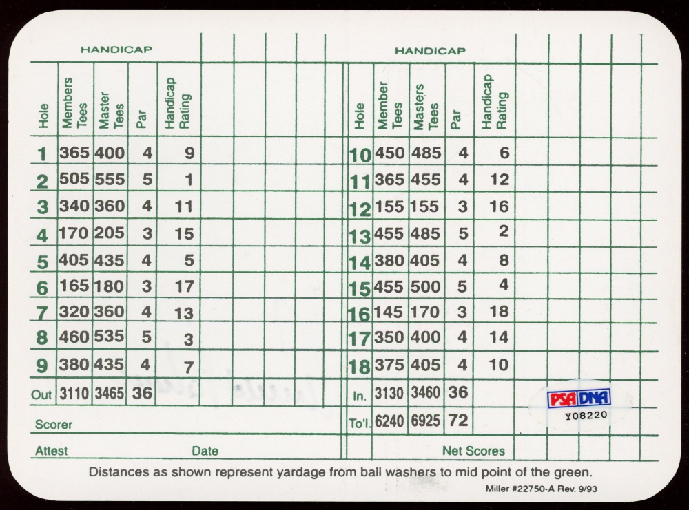 Arnold Palmer Signed Masters Augusta National Golf Club Scorecard (PSA ...