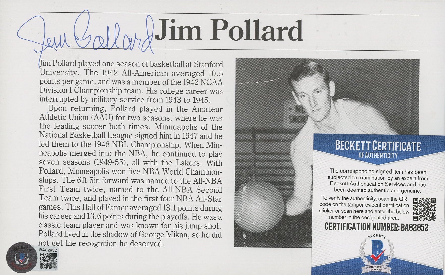 Jim Pollard Signed 6x9 Cut (Beckett) | Pristine Auction