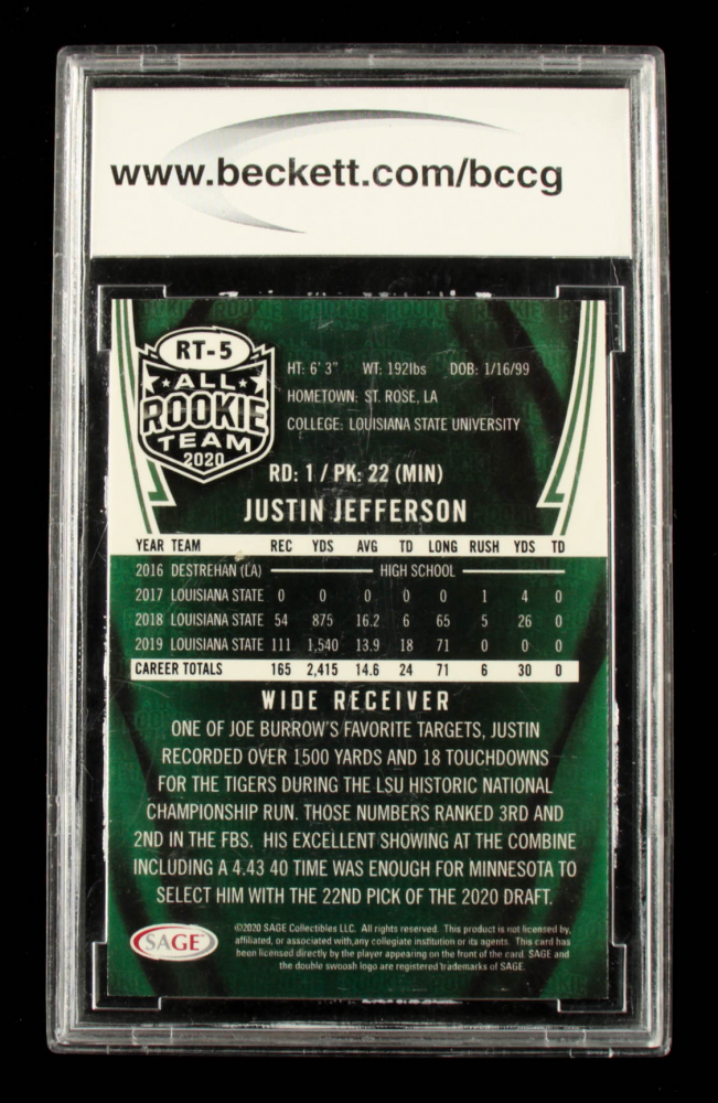 Justin Jefferson 2020 SAGE All Rookie Team #RT5 (BCCG 10) | Pristine ...