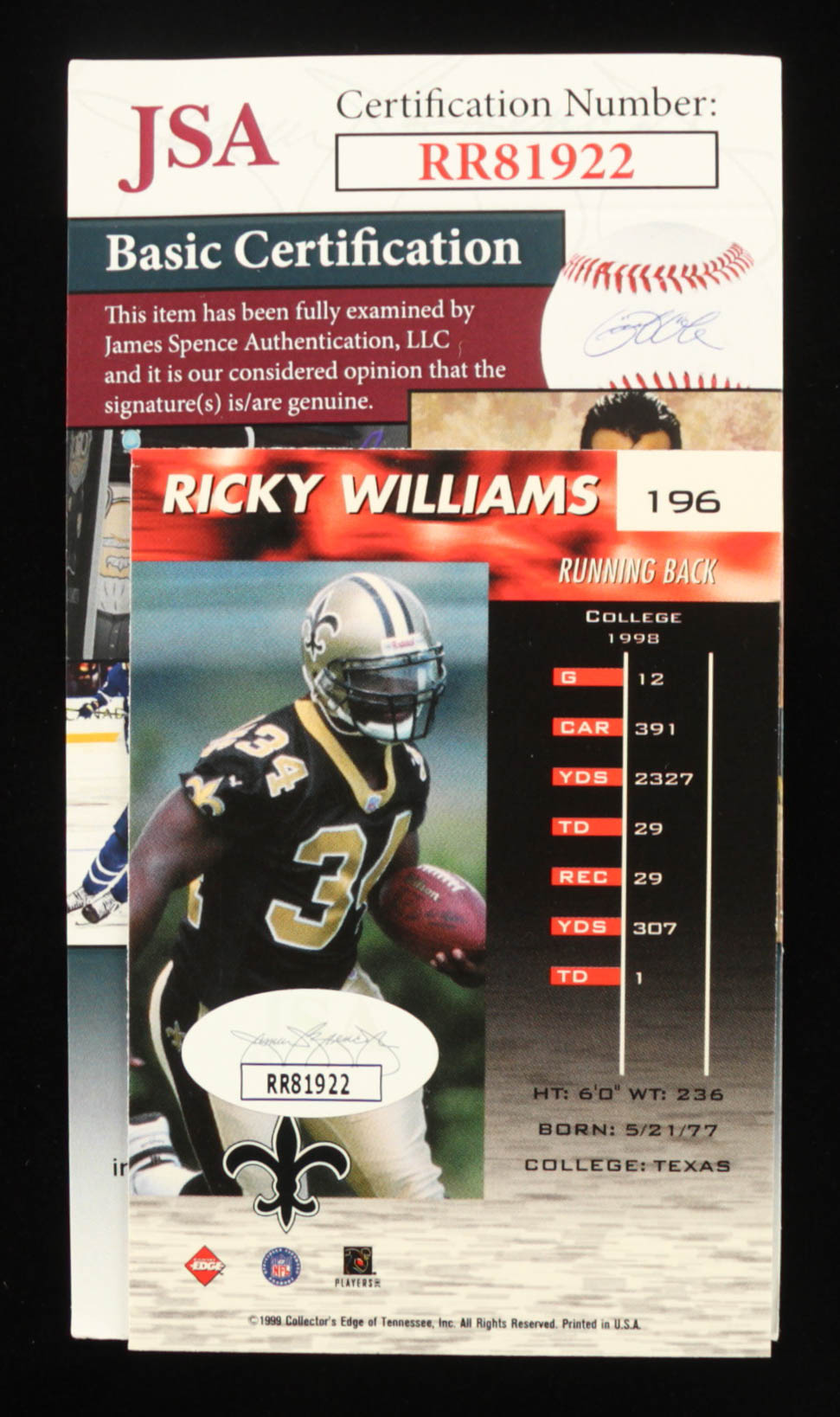 Ricky Williams Signed 1999 Collector's Edge Fury Gold Ingot #196 (JSA ...