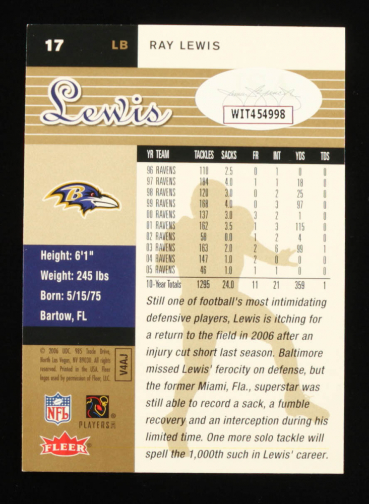 Ray Lewis Signed 2006 Ultra Gold Medallion #17 (JSA) | Pristine Auction