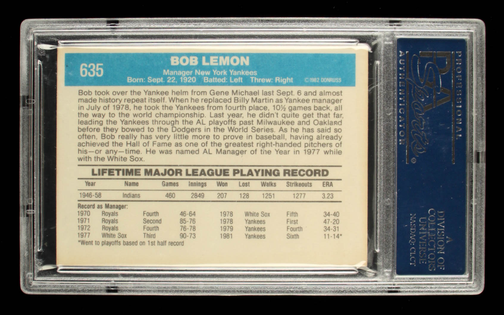 Bob Lemon Signed 1982 Donruss #635 MG (PSA) | Pristine Auction