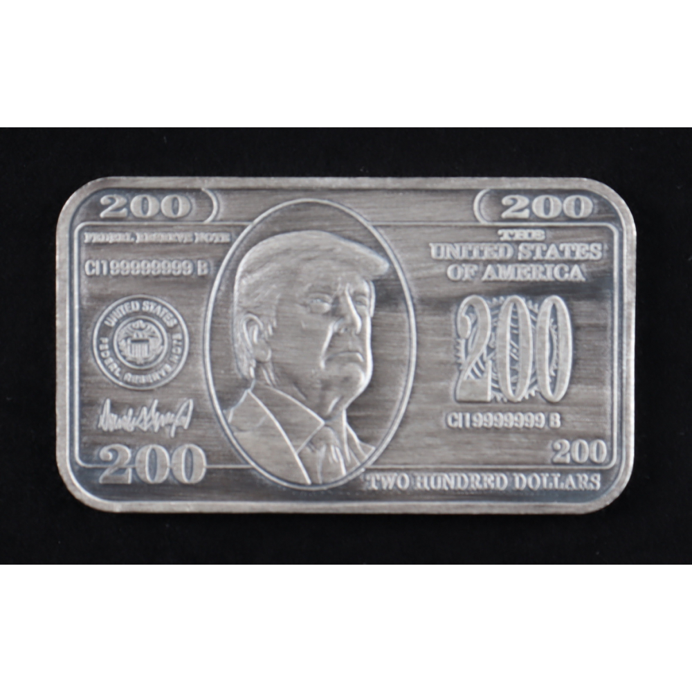 1 Troy oz .999 Fine Silver Donald Trump $200 Bill Bullion Bar | Pristine Auction