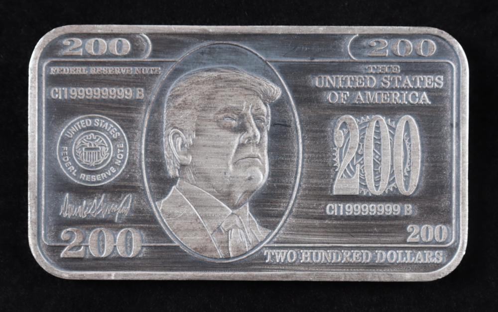 1 Troy oz .999 Fine Silver Donald Trump $200 Bill Bullion Bar | Pristine Auction