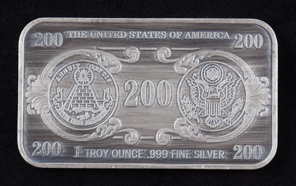 1 Troy oz .999 Fine Silver Donald Trump $200 Bill Bullion Bar | Pristine Auction