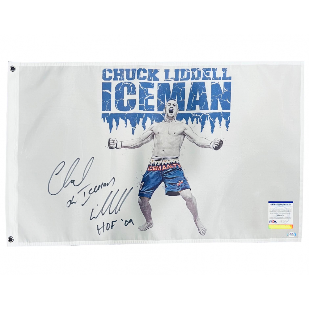 Chuck “The Iceman” Liddell Signed UFC Cornerman 18x30 Flag Inscribed ...