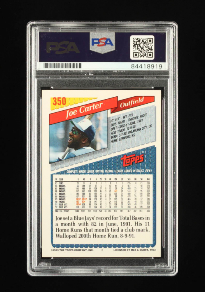 Joe Carter Signed 1993 Topps #350 (PSA) | Pristine Auction