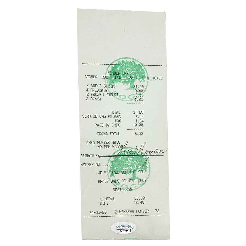 Ben Hogan Signed Shady Oaks Country Club Restaurant Receipt (JSA ...