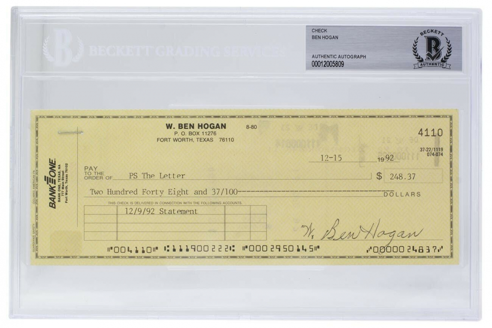 Ben Hogan Signed 1992 Personal Bank Check (BGS) | Pristine Auction