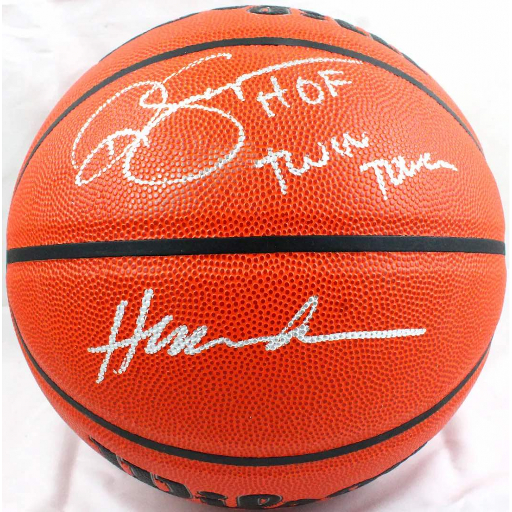 Hakeem Olajuwon & Ralph Sampson Signed NBA Basketball Inscribed "HOF ...
