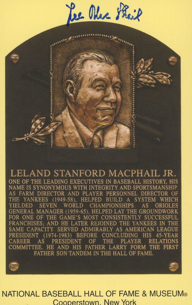 Lee MacPhail Signed Gold Hall of Fame Plaque Postcard (JSA) | Pristine ...