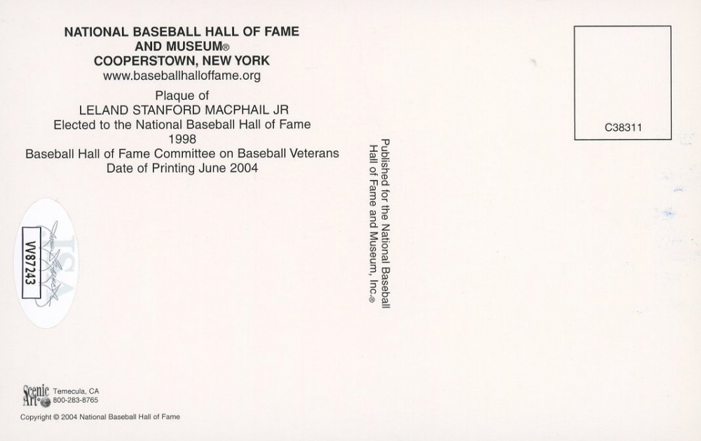 Lee MacPhail Signed Gold Hall of Fame Plaque Postcard (JSA) | Pristine ...
