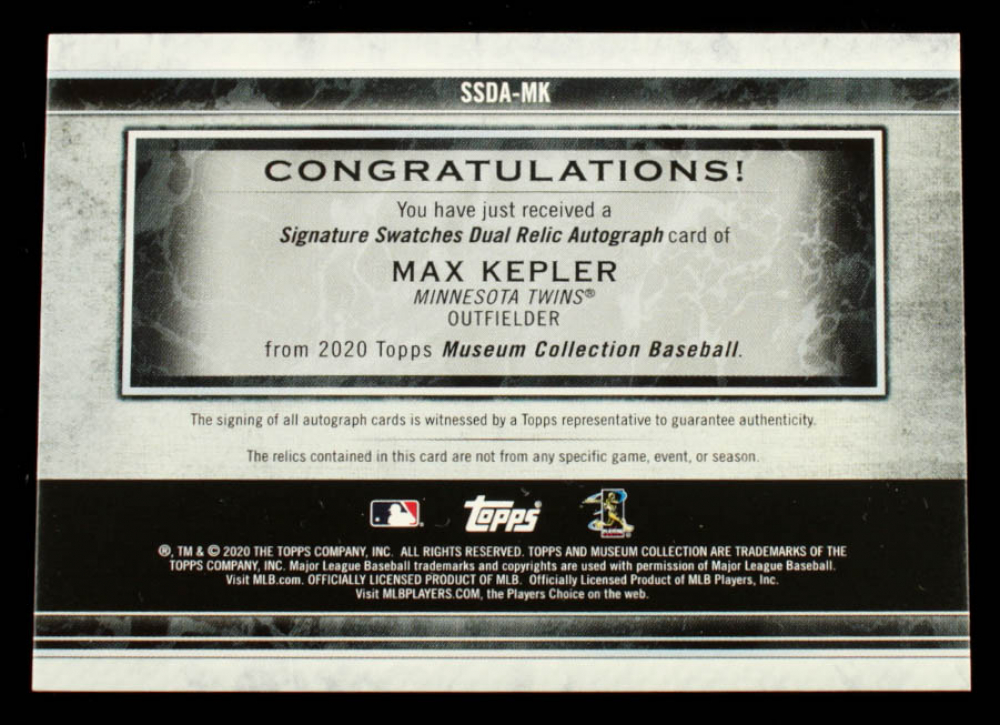 Max Kepler 2020 Topps Museum Collection Signature Swatches Dual Relic ...