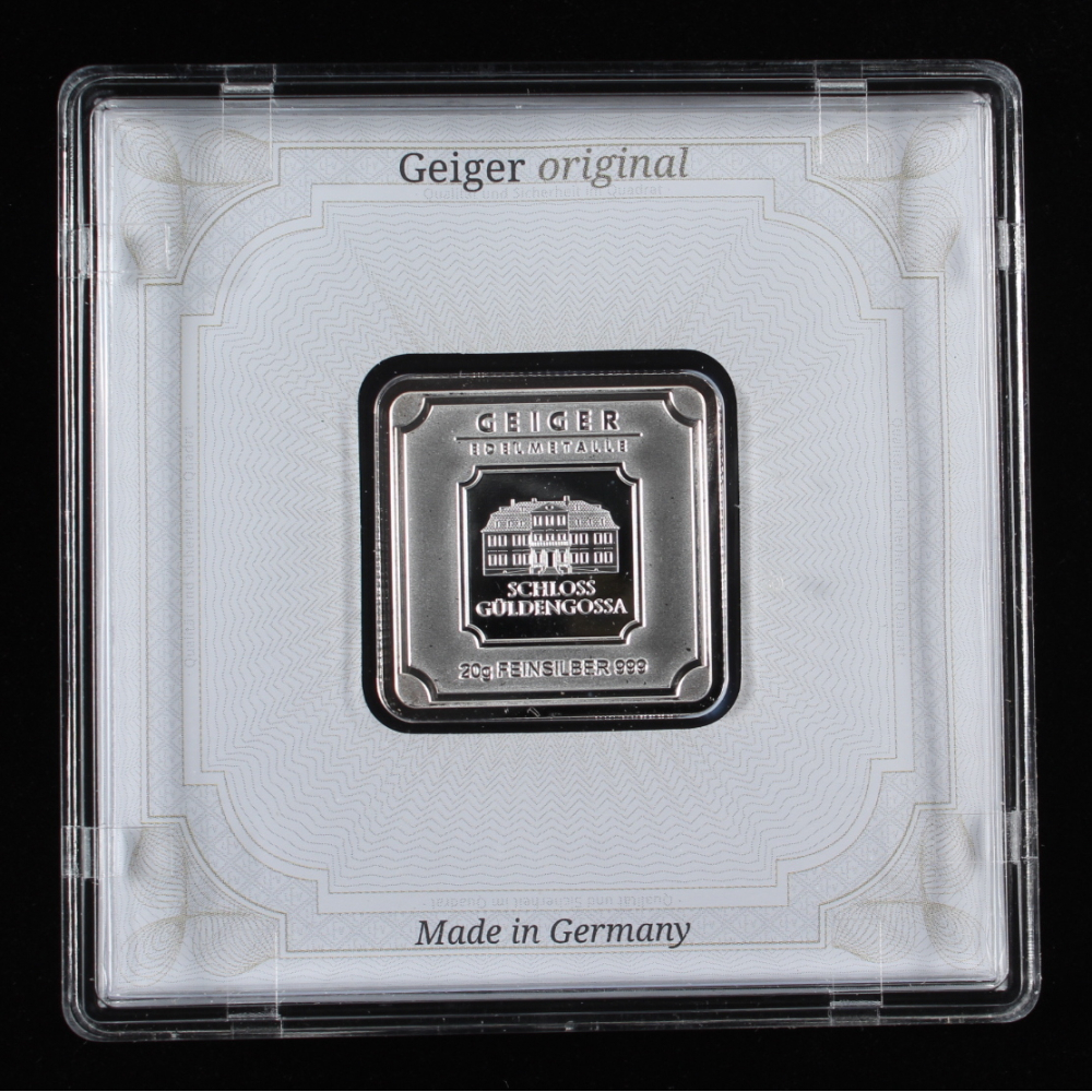 20 Gram .999 Fine Silver Geiger Bullion Square Bar Encapsulated with ...