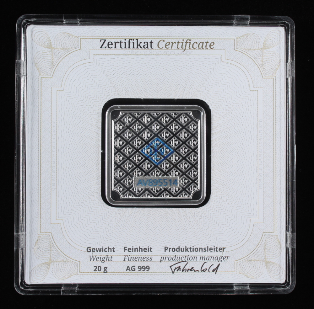 20 Gram .999 Fine Silver Geiger Bullion Square Bar Encapsulated with ...