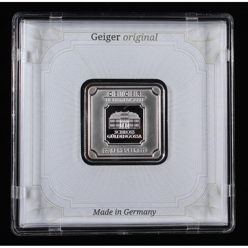20 Gram .999 Fine Silver Geiger Bullion Square Bar Encapsulated with ...