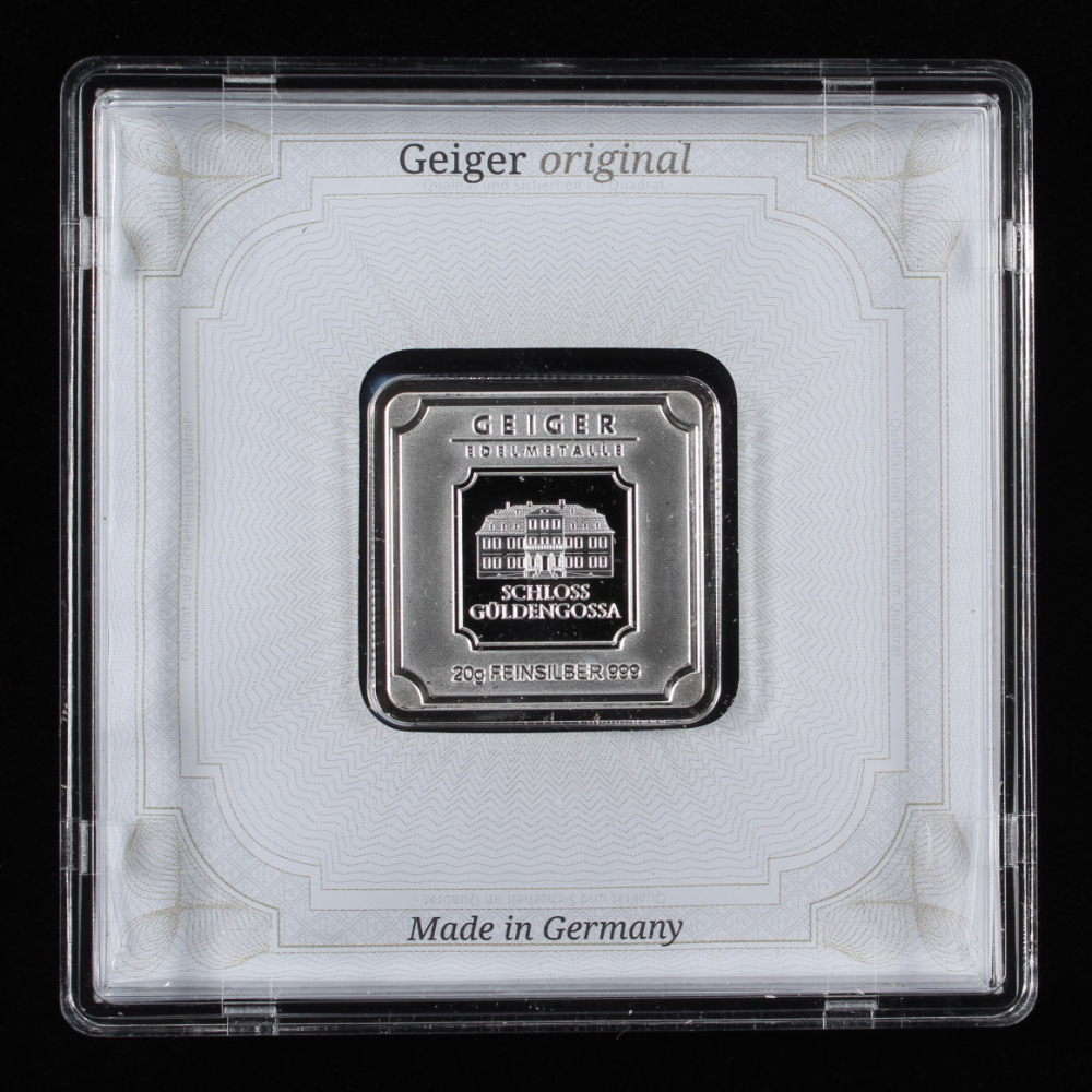 20 Gram .999 Fine Silver Geiger Bullion Square Bar Encapsulated with ...