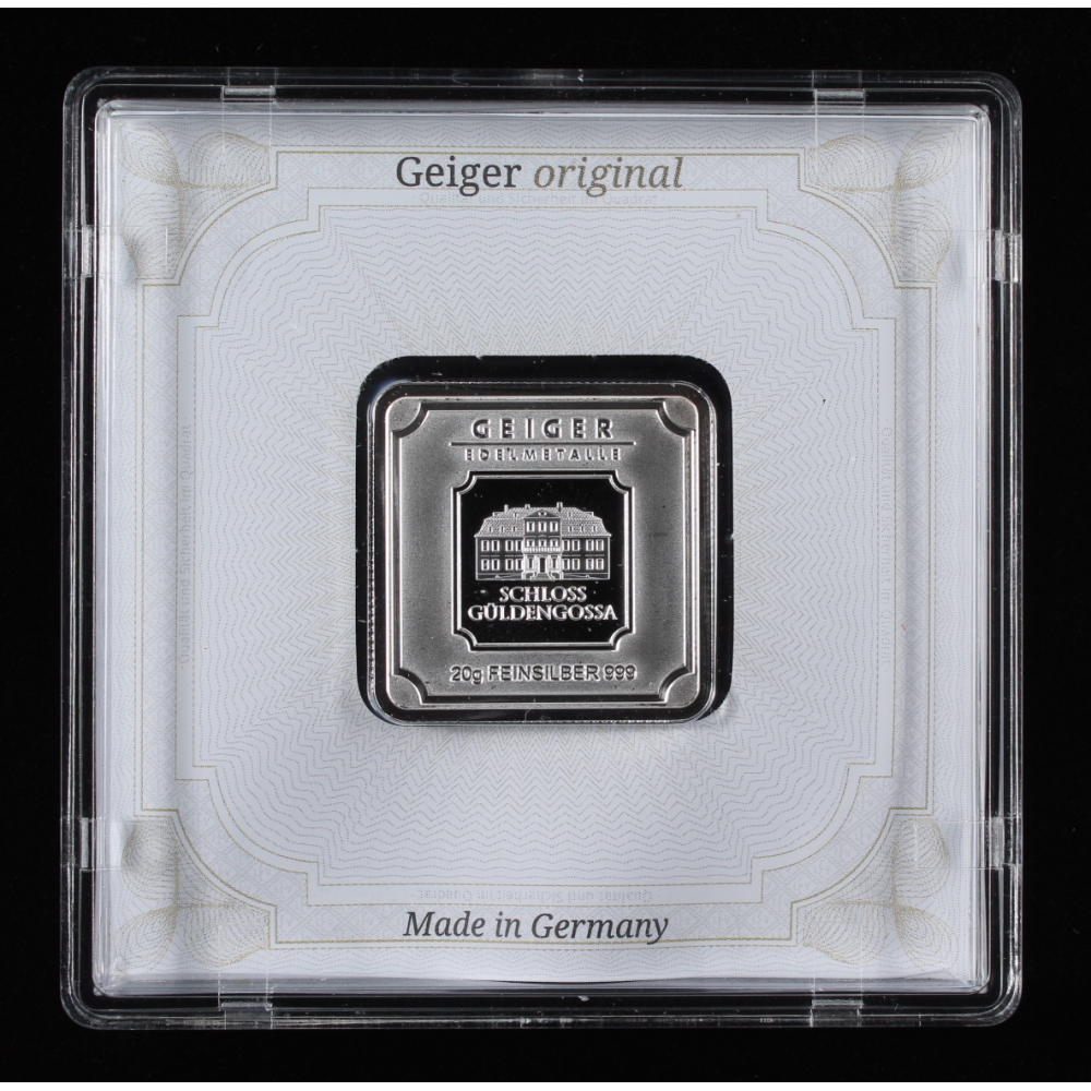 20 Gram .999 Fine Silver Geiger Bullion Square Bar Encapsulated with ...