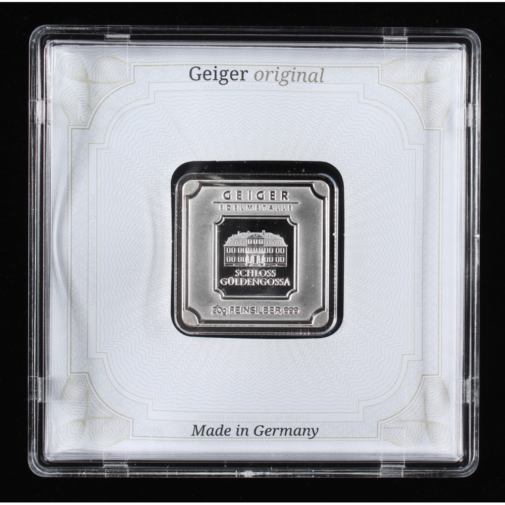 20 Gram .999 Fine Silver Geiger Bullion Square Bar Encapsulated with ...