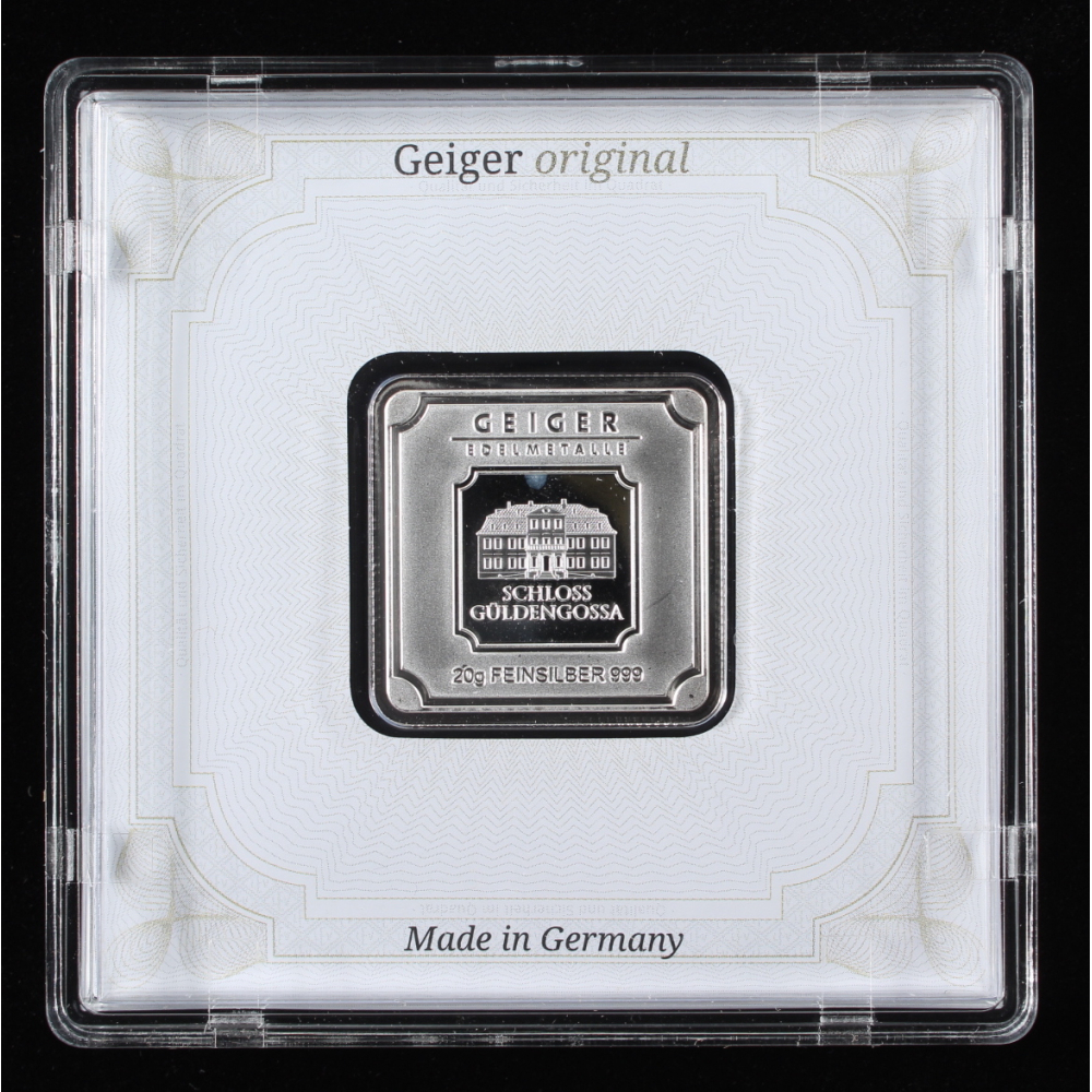 20 Gram .999 Fine Silver Geiger Bullion Square Bar Encapsulated with ...