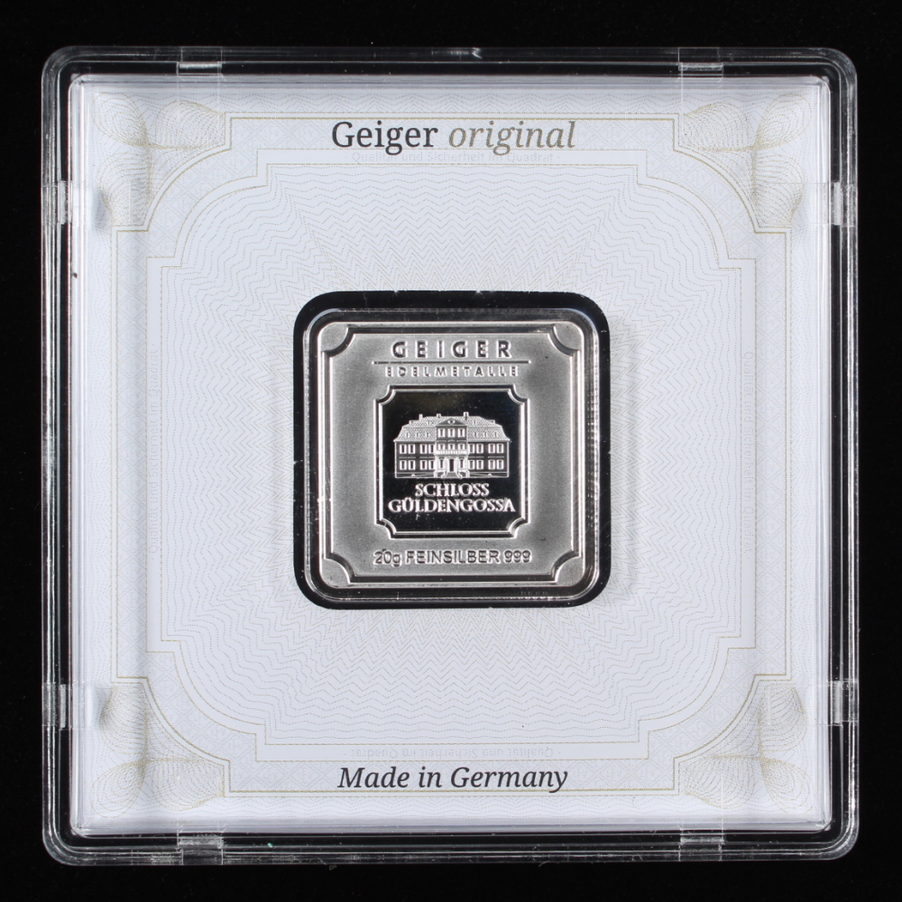 20 Gram .999 Fine Silver Geiger Bullion Square Bar Encapsulated with ...