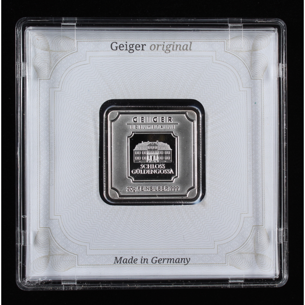 20 Gram .999 Fine Silver Geiger Bullion Square Bar Encapsulated with ...