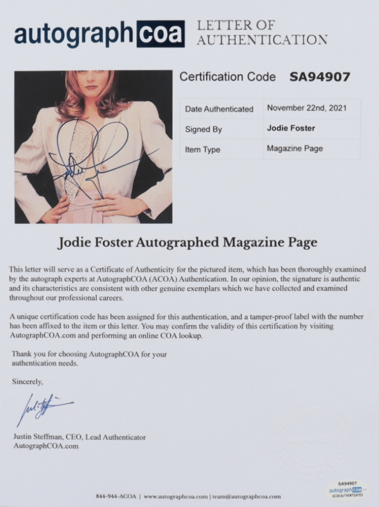 Jodie Foster Signed 11x14 Custom Matted Magazine Page Display ...