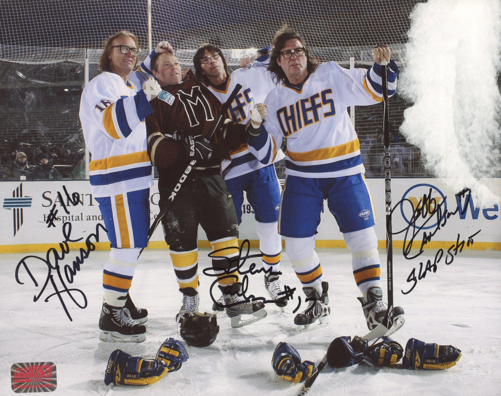 Dave Hanson, Steve Carlson & Jeff Carlson Signed "Slap Shot" 8x10 Photo Inscribed "Slap Shot ...
