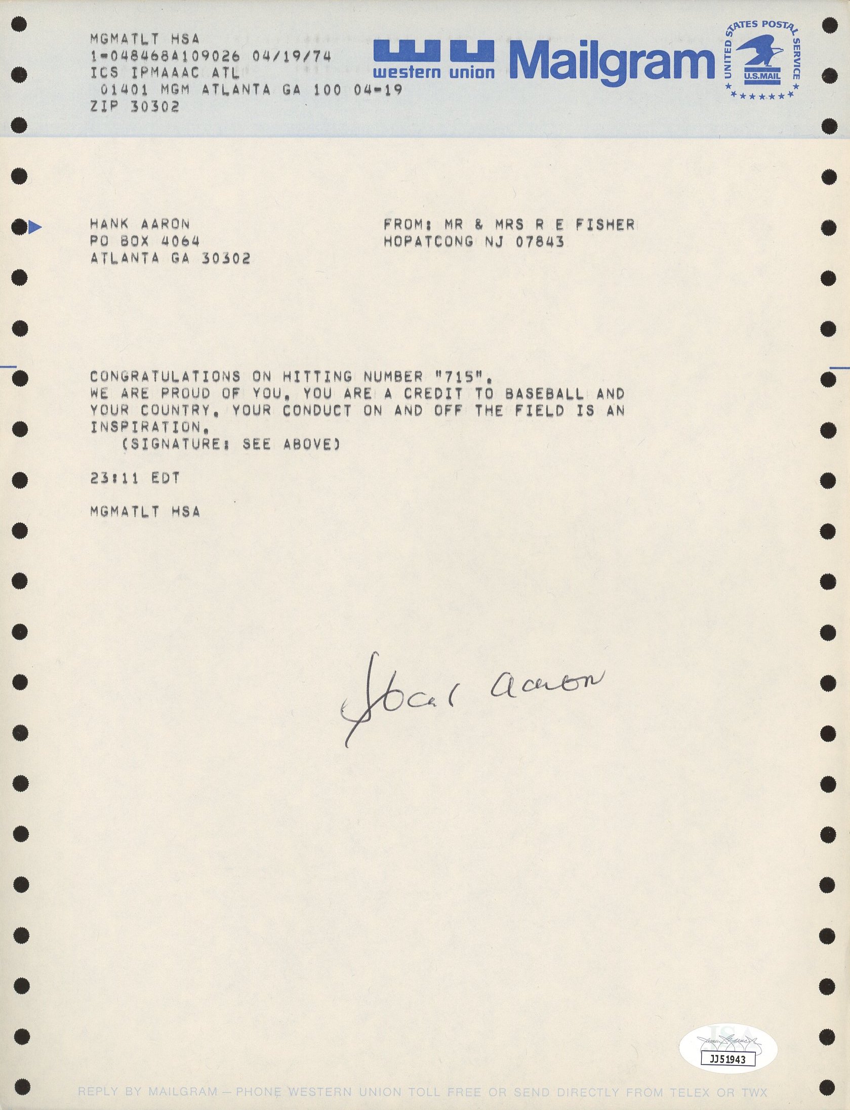 Hank Aaron Signed Vintage Mail Gram (JSA) | Pristine Auction